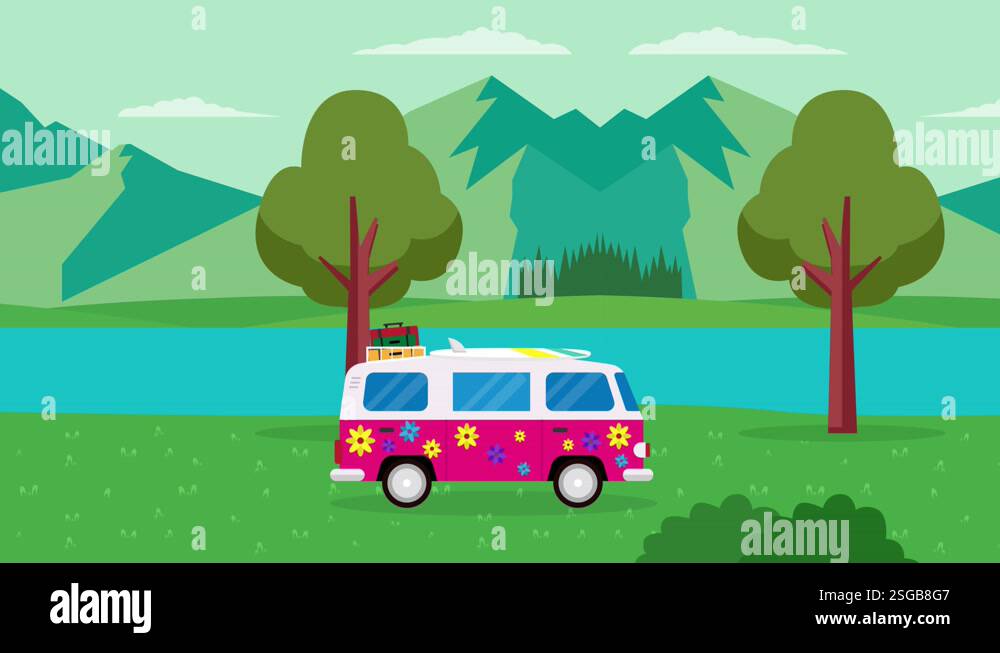 Hippie van moving with mountain background Stock Video Footage - Alamy