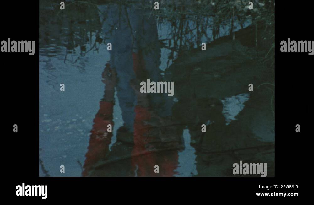 1980s:Reflections of people in water. Man talks to young boy at lake. Frog sits Stock Video ...