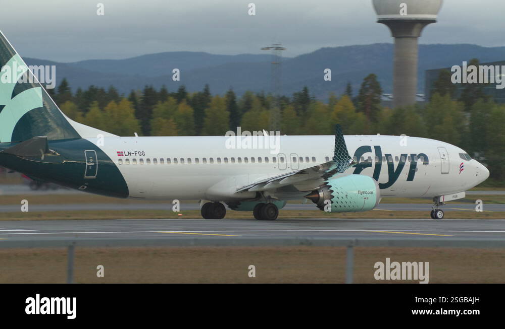 airplane flyr boeing 737 max 8 accelerate take off oslo airport norway ...