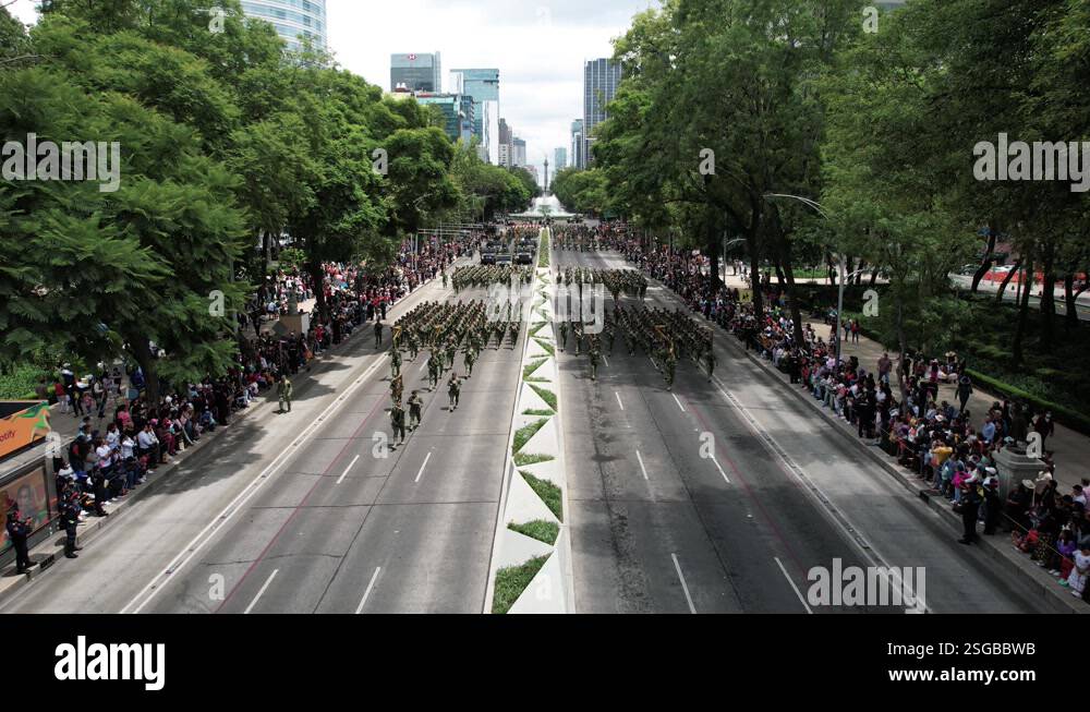 drone shot of the mexican army approaching the military parade in ...