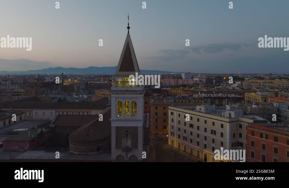 Orbit shot around historic square tower with bells and lookout terrace ...