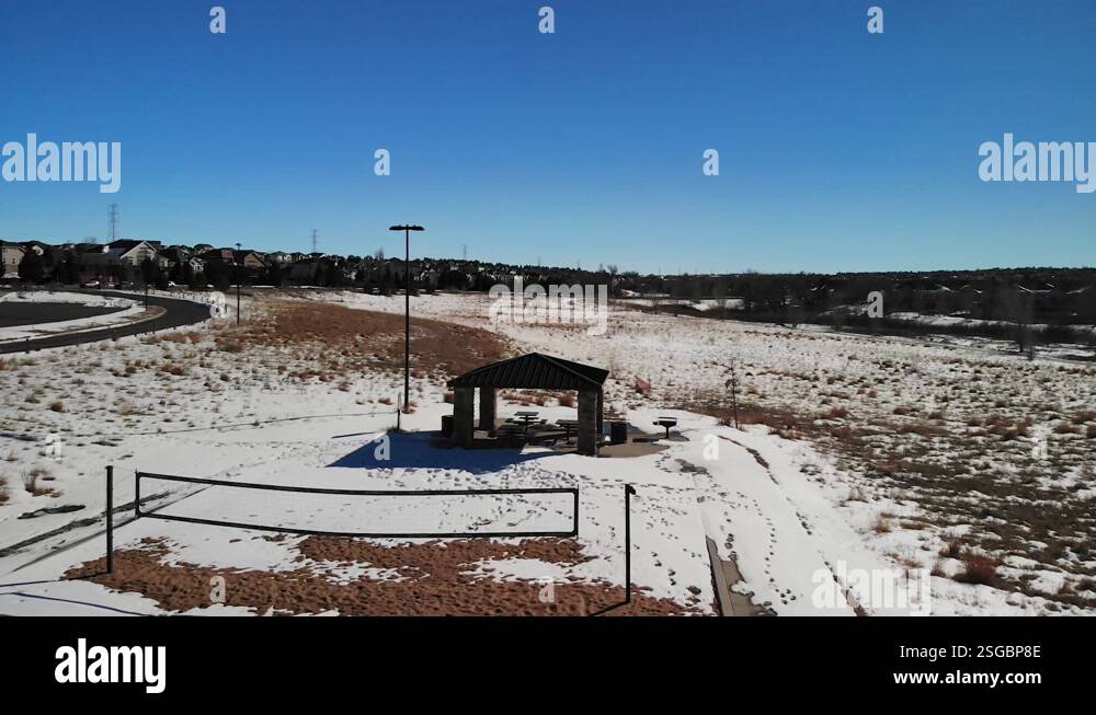 Volleyball Pit Next to Park Covered in Snow • BBQ Cookout Gazebo at ...