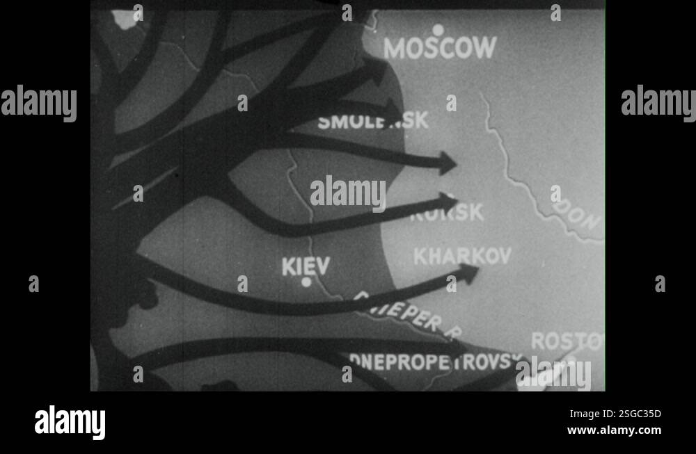 Russia 1940s:Cannons fire. Bombs explode. Map of Nazi invasion course ...