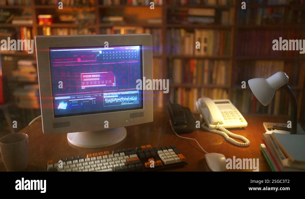 Process of breaching computer system in 90s retro office, cyber attack ...