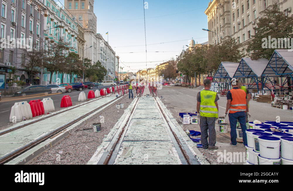 Tram rails at the stage of their installation and integration into ...