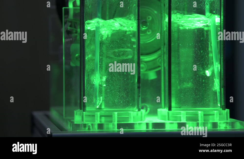 Hydrogen gas bubbles in tubes with water in a electrolyzer demonstrator ...