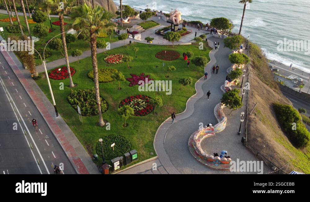Drone 4k video of a park of a park on edge of cliff in Lima Peru in ...