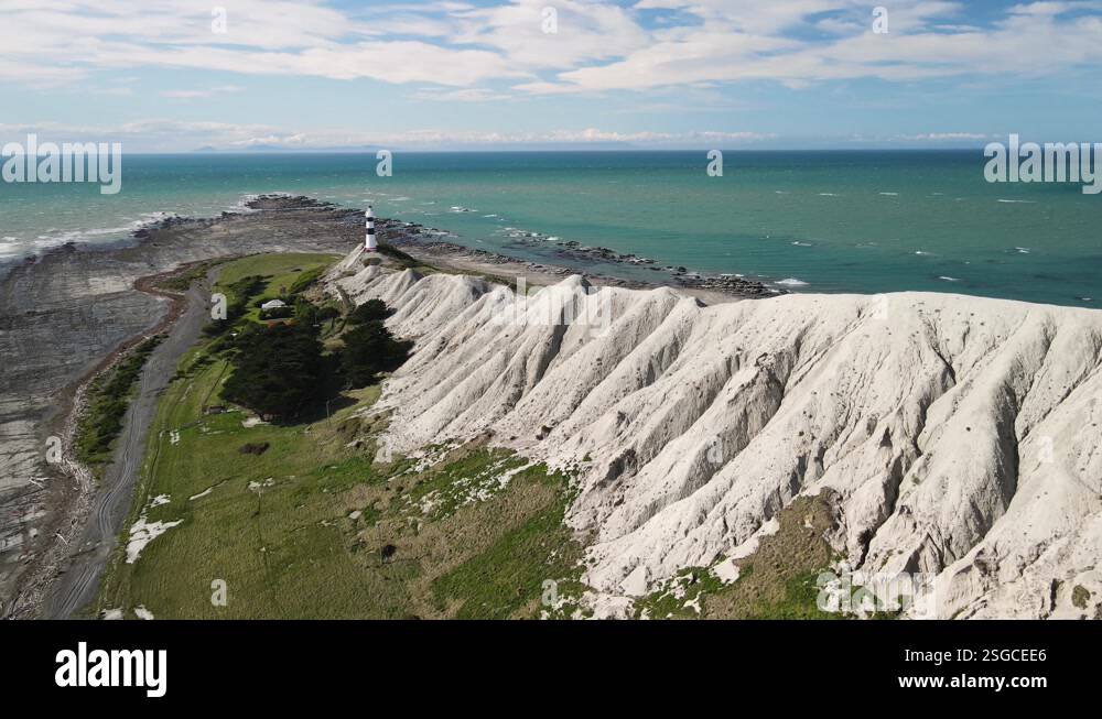 Cape Campbell Lighthouse, New Zealand. Aerial birds eye view of popular ...