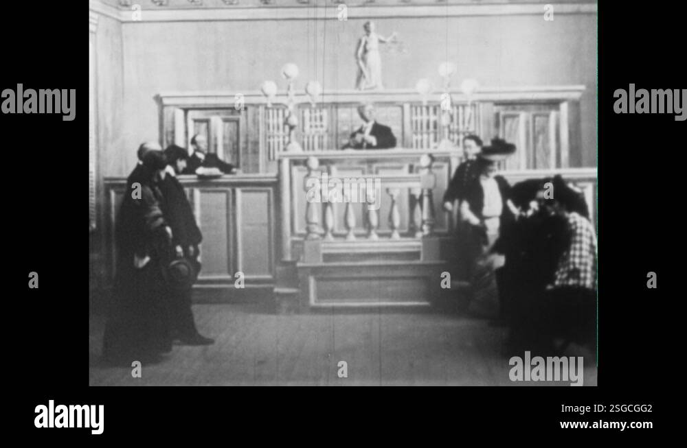 1900s: People in courtroom, line of people talk to judge, exit, woman ...