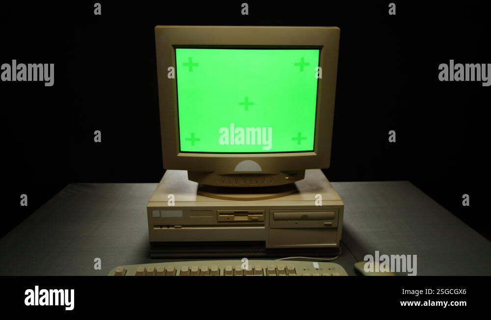 Retro pc with chroma key green screen, Old computer studio close-up ...