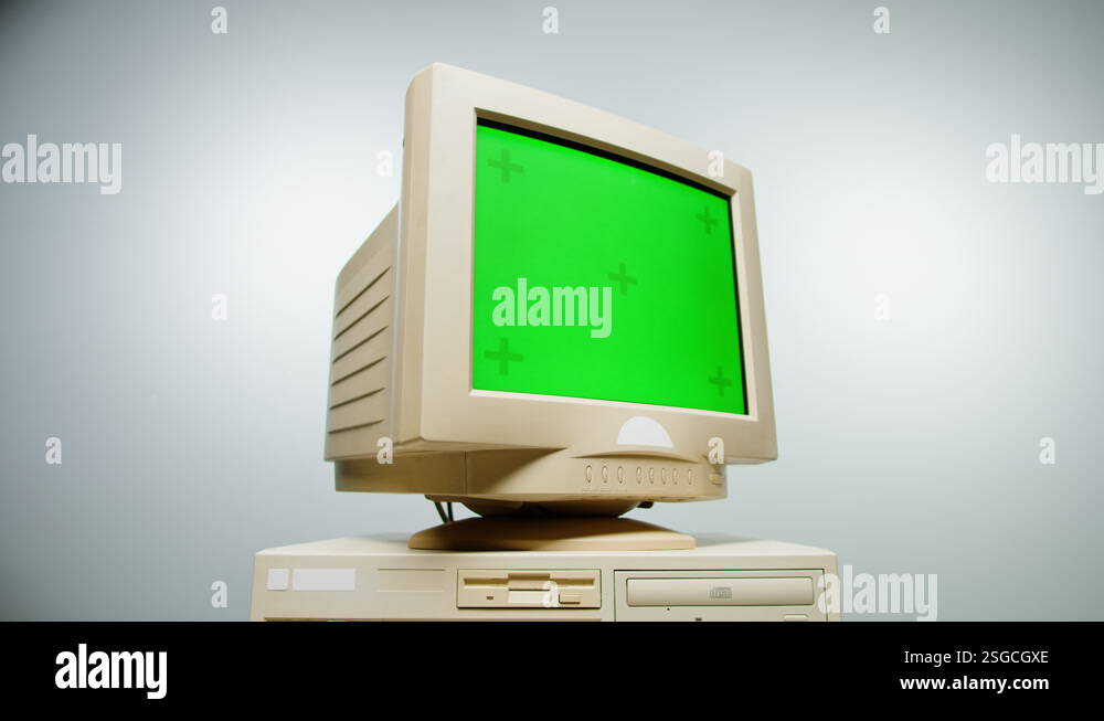 Retro pc with chroma key green screen, Old computer studio close-up ...