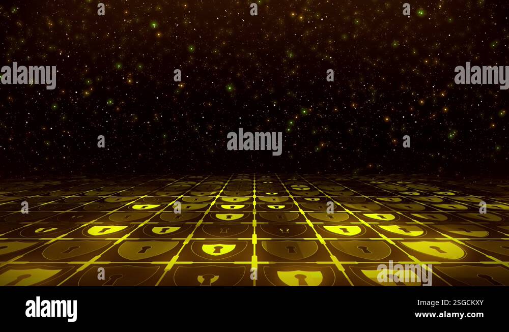Perspective Motion View Yellow Shine Cyber Security Grid Shield Lock Starry Sky Stock Video ...