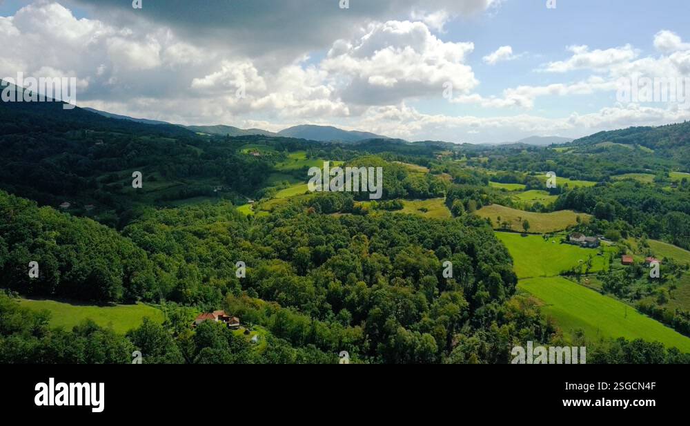 Aerial nature countryside landscape picturesque mountains hills forests ...