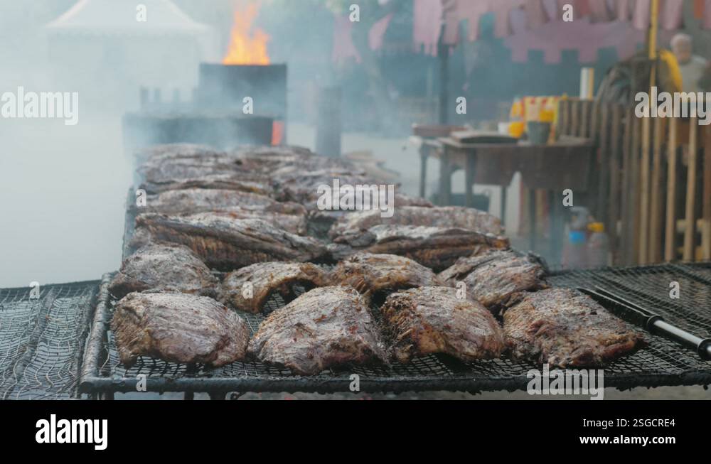 Traditional medieval barbecue ribs, grill BBQ medieval style, fried ...