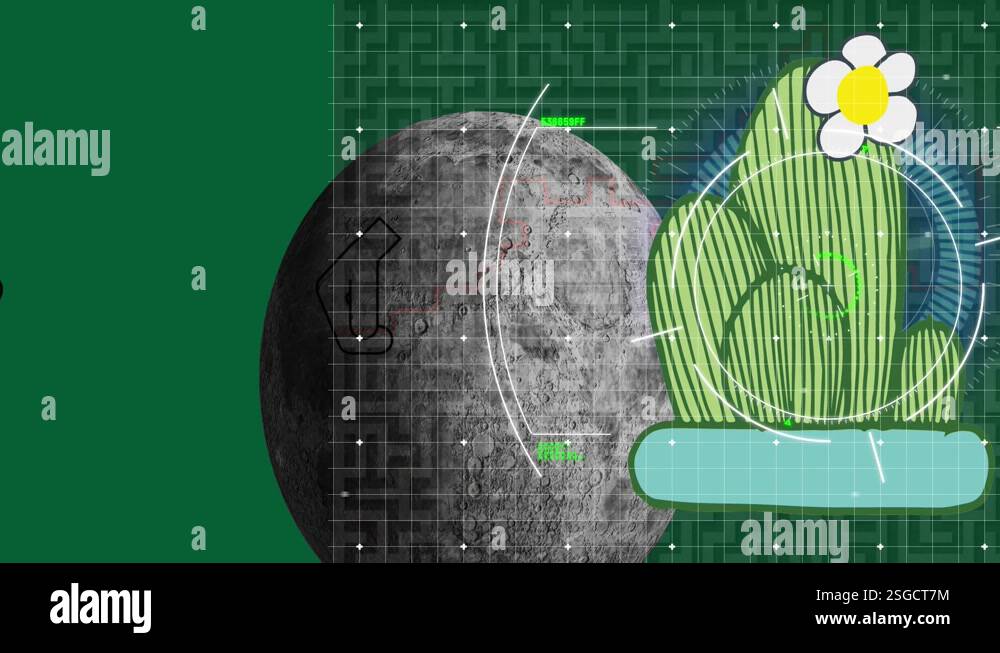 Animation of data processing with scope scanning and moon on green ...