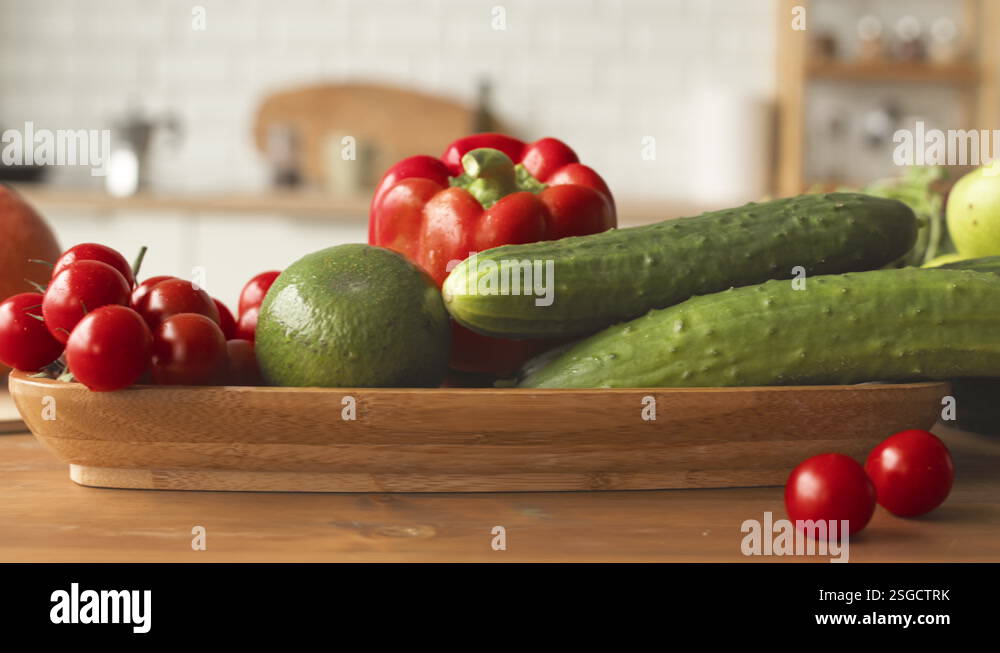 Fresh Fruits and Vegetables on Wooden Kitchen Table Stock Video Footage ...