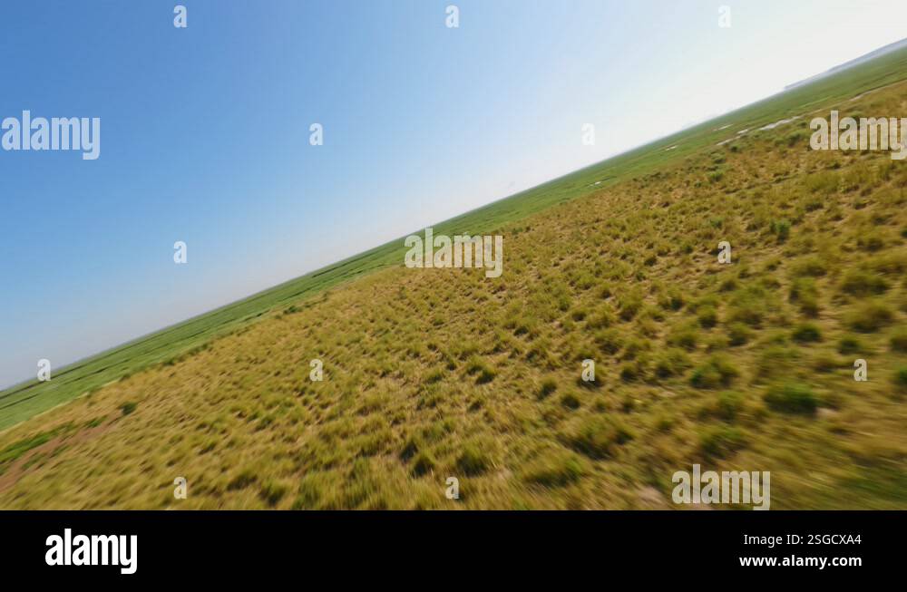 FPV drone shot flying at high speed across the edge of a giant green ...