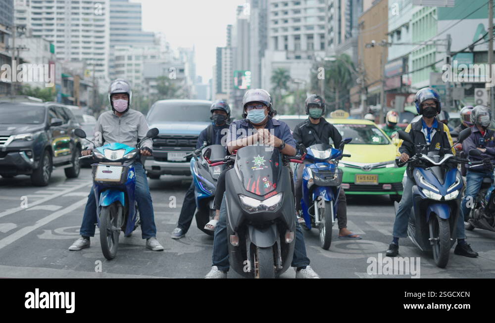 Cars And Riders On Motorcycles Stop And Waiting At The Traffic Light To ...