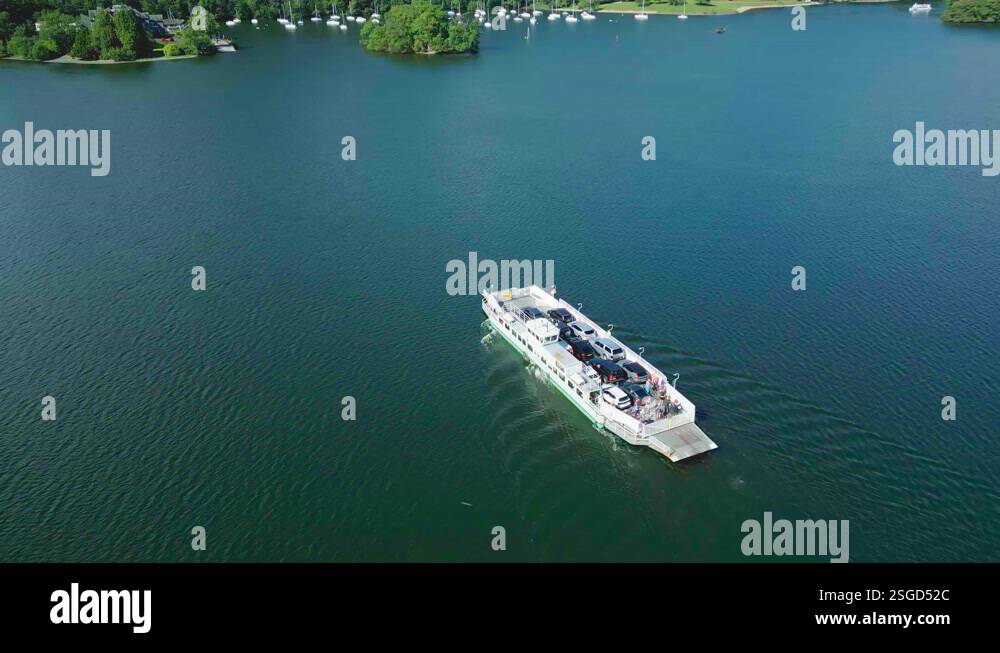 Elevated Rotating Aerial Drone View Of 500 Year Old Car Ferry On Lake ...