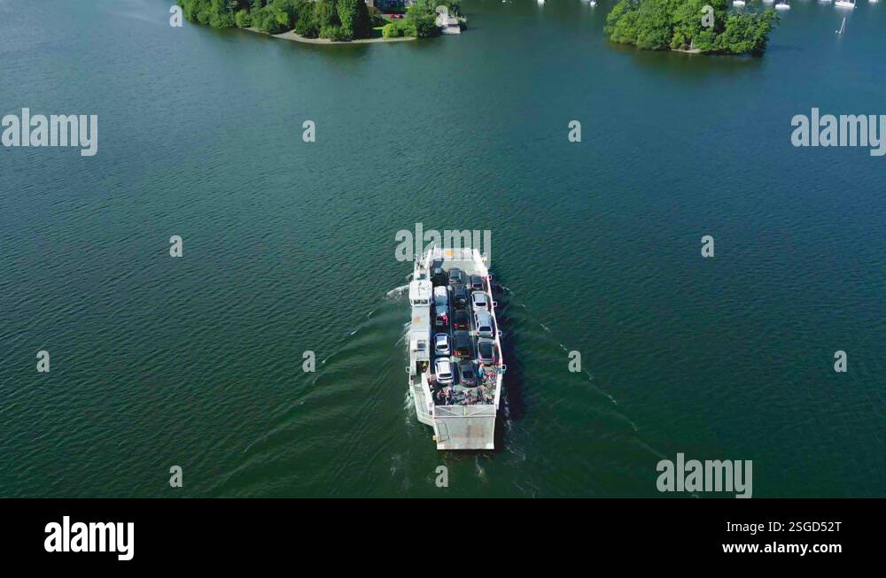Aerial Drone View Of 500 Year Old Car Ferry On Lake Windermere From ...