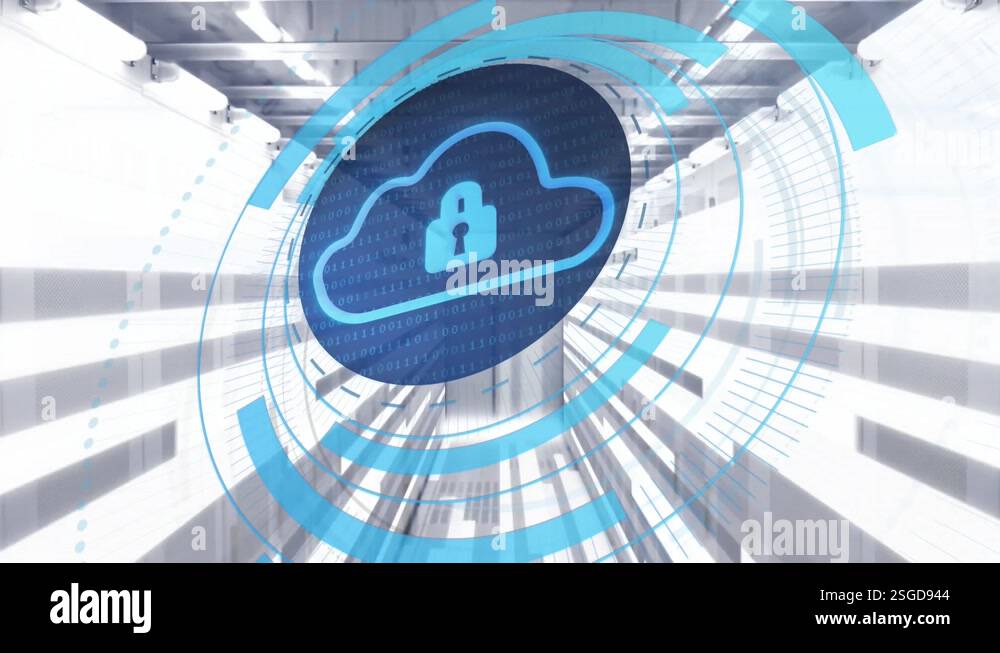 Animation of clouds with digital padlock in circle over servers and lights Stock Video Footage ...