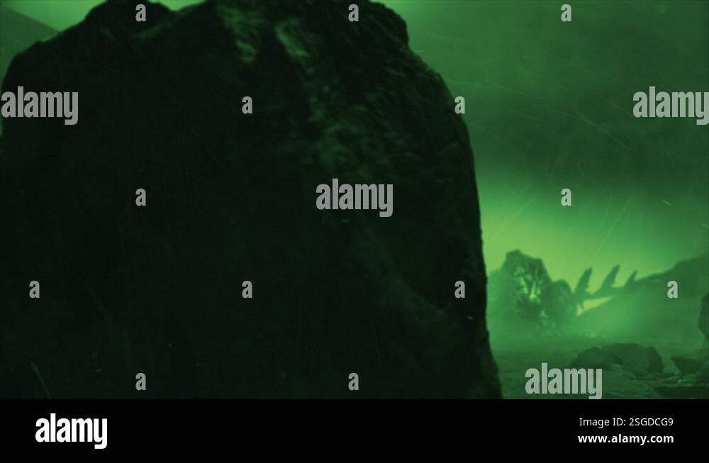 Cinematic CGI render of a stormy ancient alien crash site, with a ...