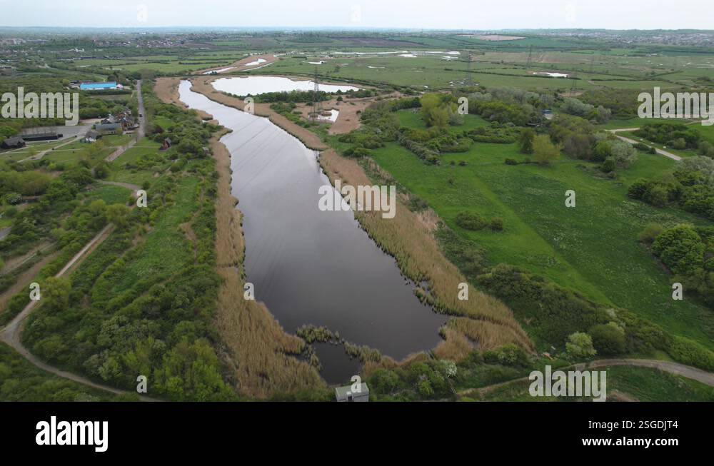 Aerial View of Creek and Grassland in Wat Tyler Country Park, Essex ...
