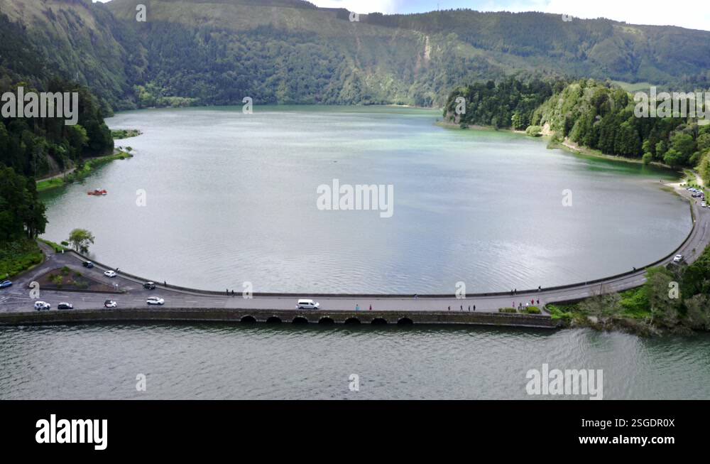 Lagoa azul lake and stone bridge of Sete Cidades in Azores, panorama ...