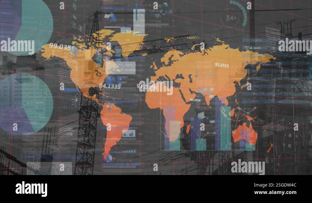 Animation of infographic interface with maps, digits and codes over ...