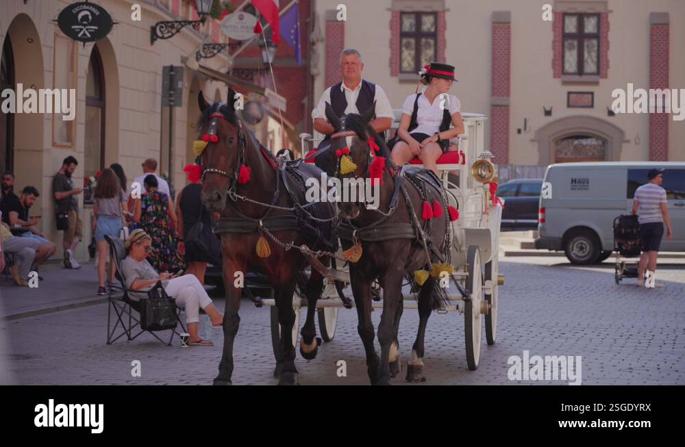 Two men driving a horse carriage which is pulled by two horses in the ...