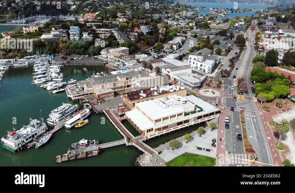 Aerial flyover port harbor of Tiburon with Bridge and Ferry Terminal in ...