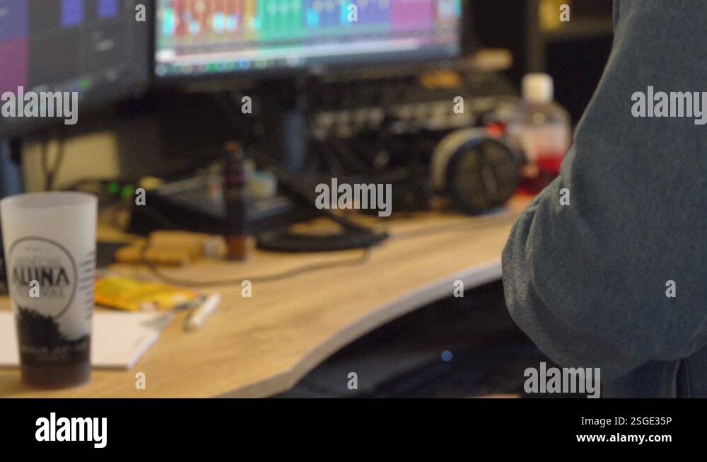 Back View of Sound Audio Engineer, Looking at Monitor in Recording ...