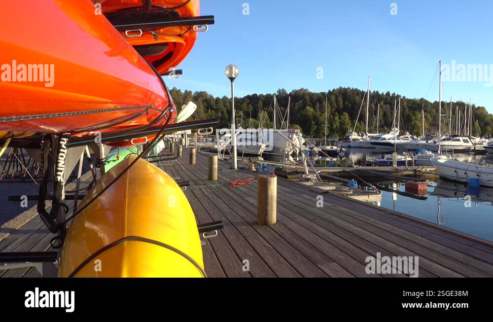 Panoramic view from Bestumkilen bay marina pier with kayak storage rack ...