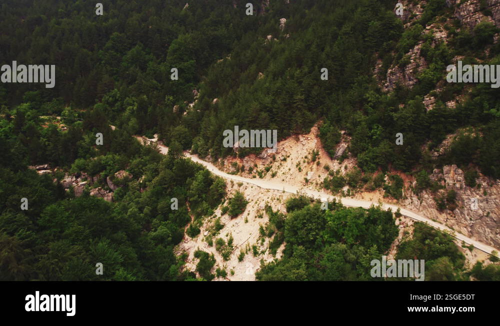 Human-created road to Mount Olympus seen from aerial drone perspective ...
