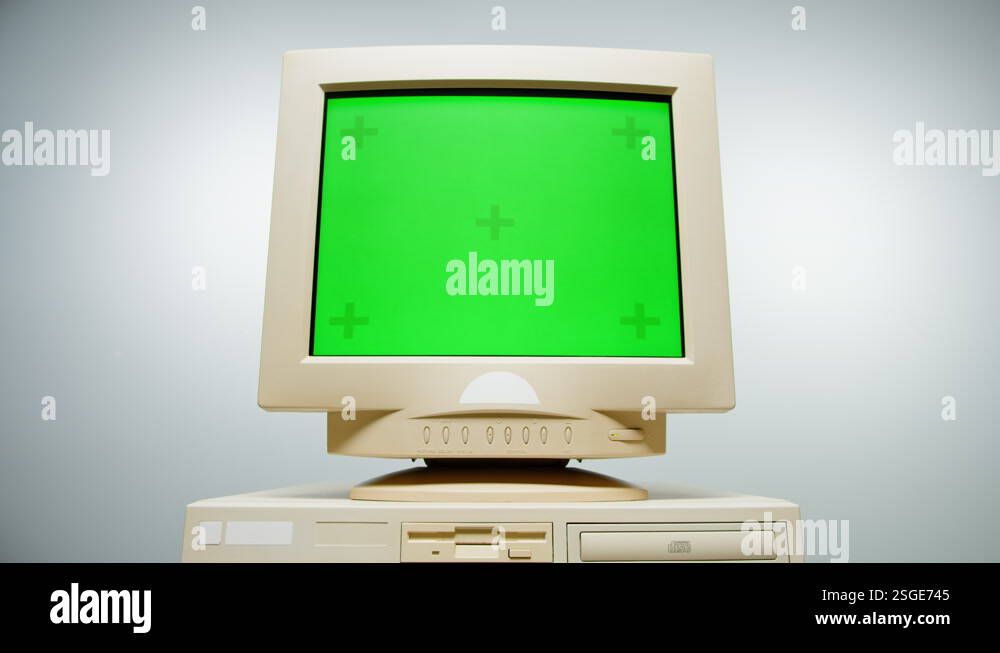 Retro pc with chroma key green screen, Old computer studio close-up ...
