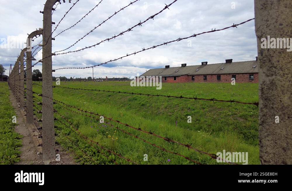 The Barbed Wire Fence And The Barracks At Auschwitz Concentration Camp ...