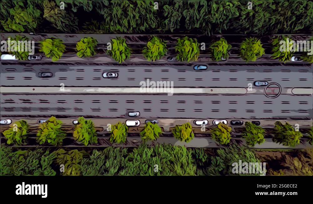 Animation Cartoon. Perfect aerial view flight bird's eye view drone of ...