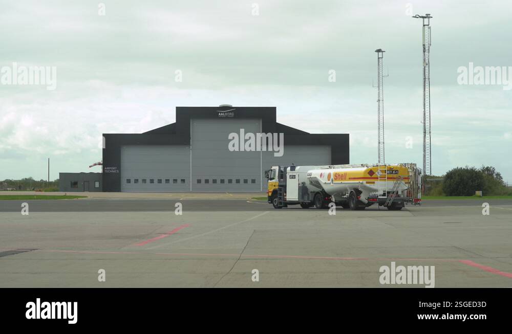 Aviation Shell Fuel Tank Truck Driving In The Ramp Of Aalborg Airport ...