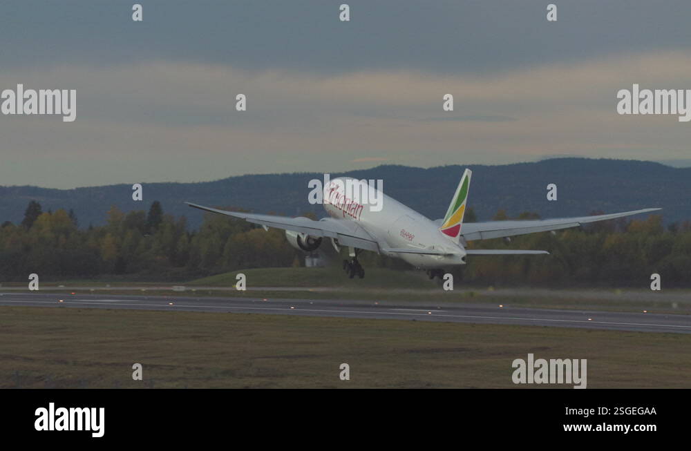 airplane boeing 777-200 ethiopian airlines departure rear view Stock ...