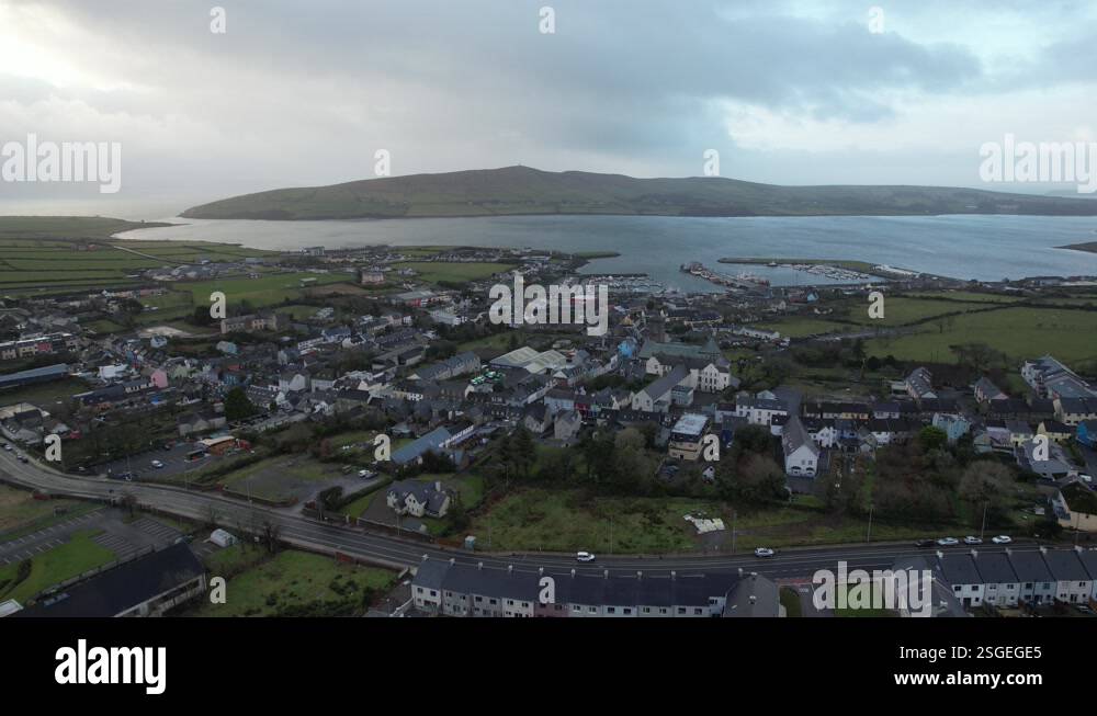 4K aerial of the town of Dingle, on the Dingle Peninsula, County Kerry ...