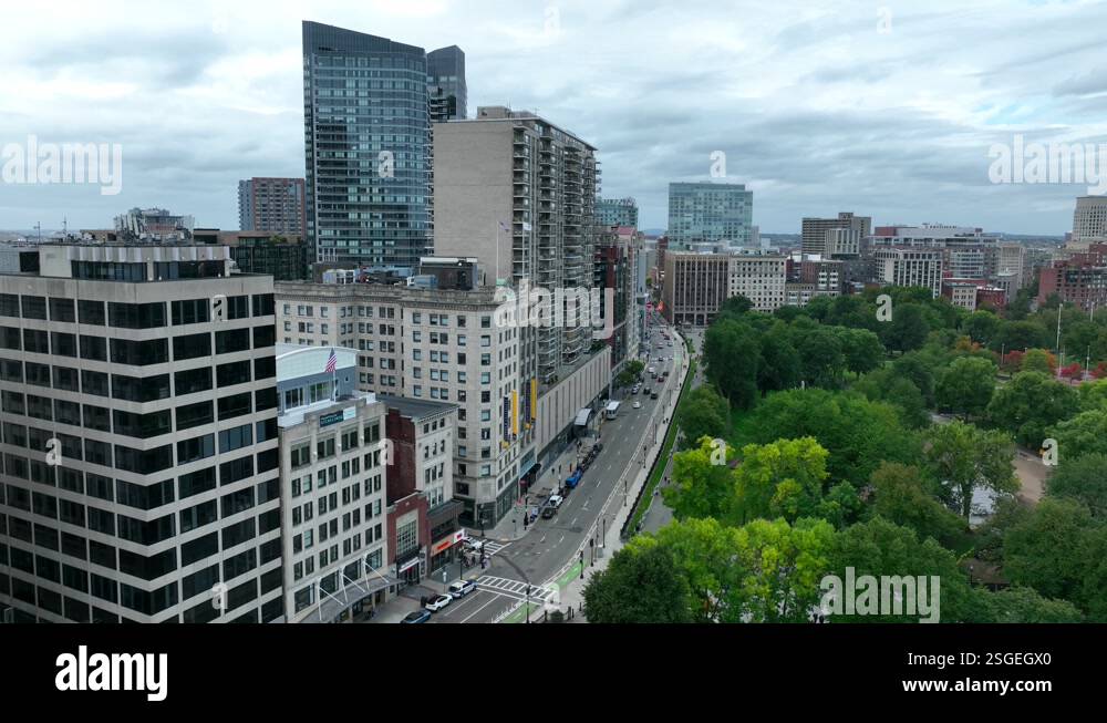 Tremont Street by Boston Common. Aerial establishing shot on overcast ...
