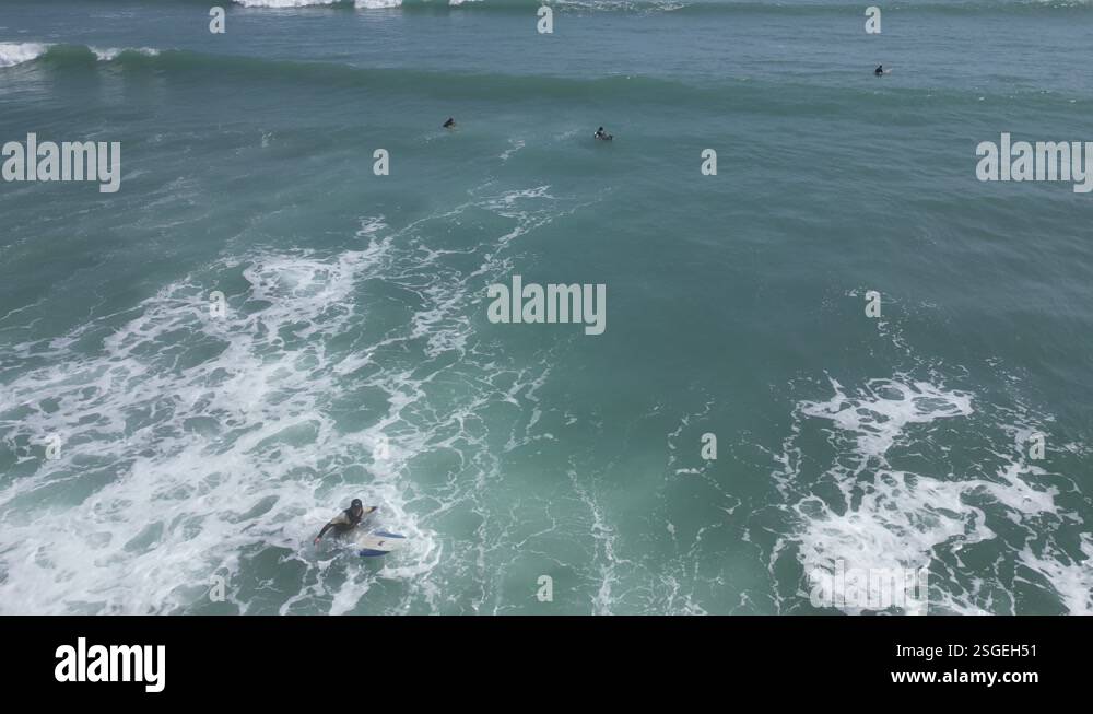 Aerial spinning shot of surfers swimming out to the sea for surfing ...