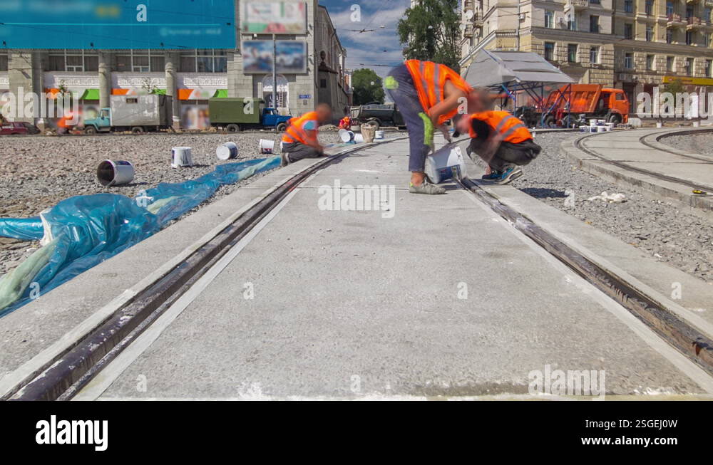 Tram rails at the stage of their installation and integration into ...