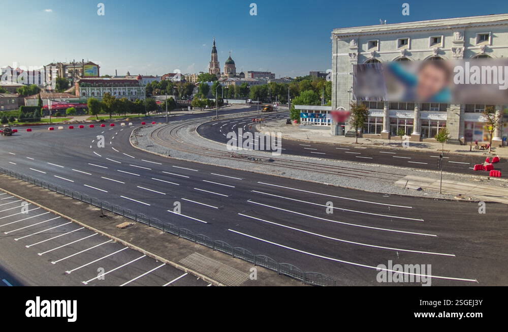 Road marking on the road repair site after asphalting timelapse. Road ...