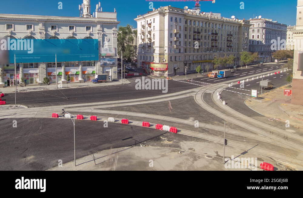 Road marking on the road repair site after asphalting timelapse. Road ...