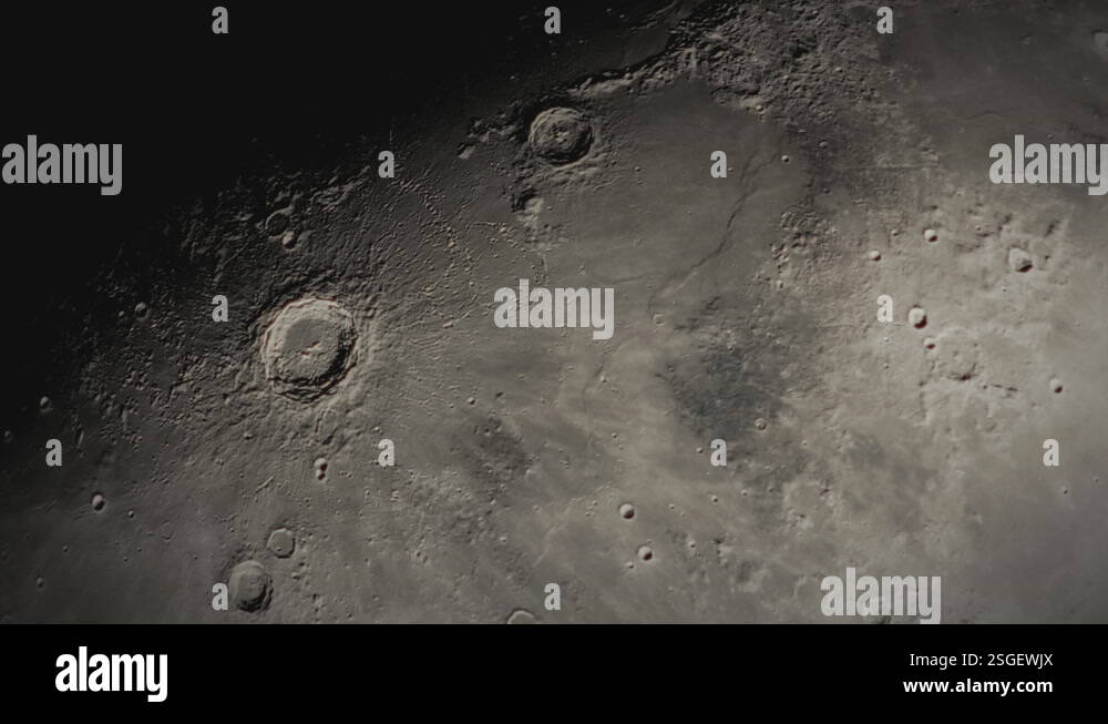 Flight over the surface of the moon. Detailed 3D moon animation. Sci-fi ...