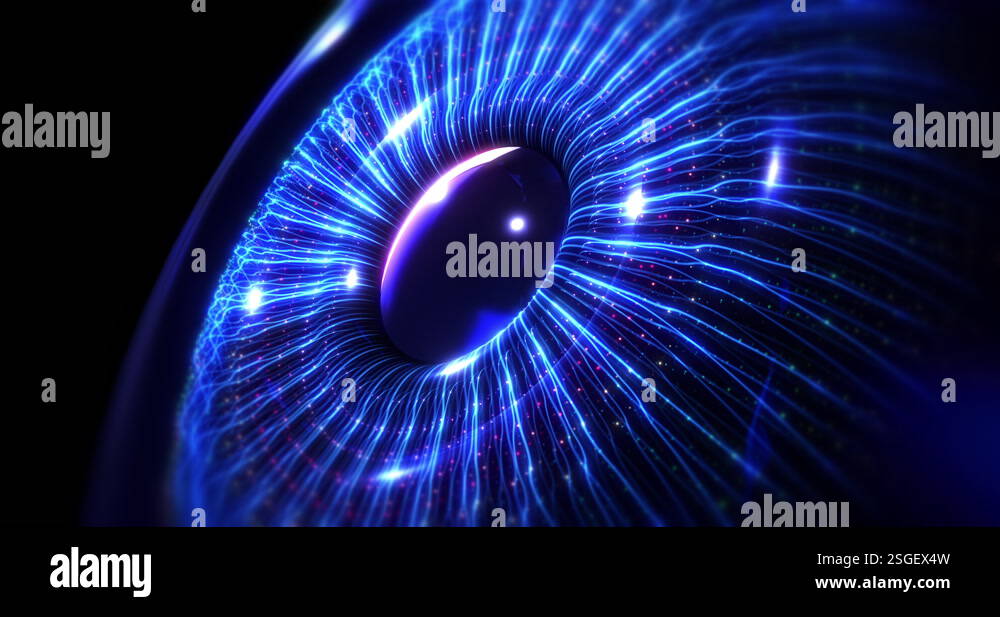 Digital artificial intelligence blue human eye formed by fiber optics ...