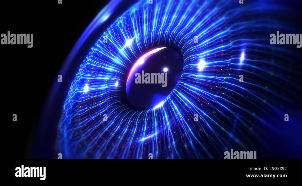 Colorful optical fibers forming artificial intelligence blue human eye ...