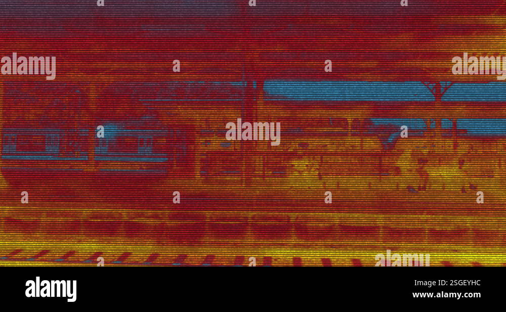 Thermal camera effect over commuters people waiting at train station ...