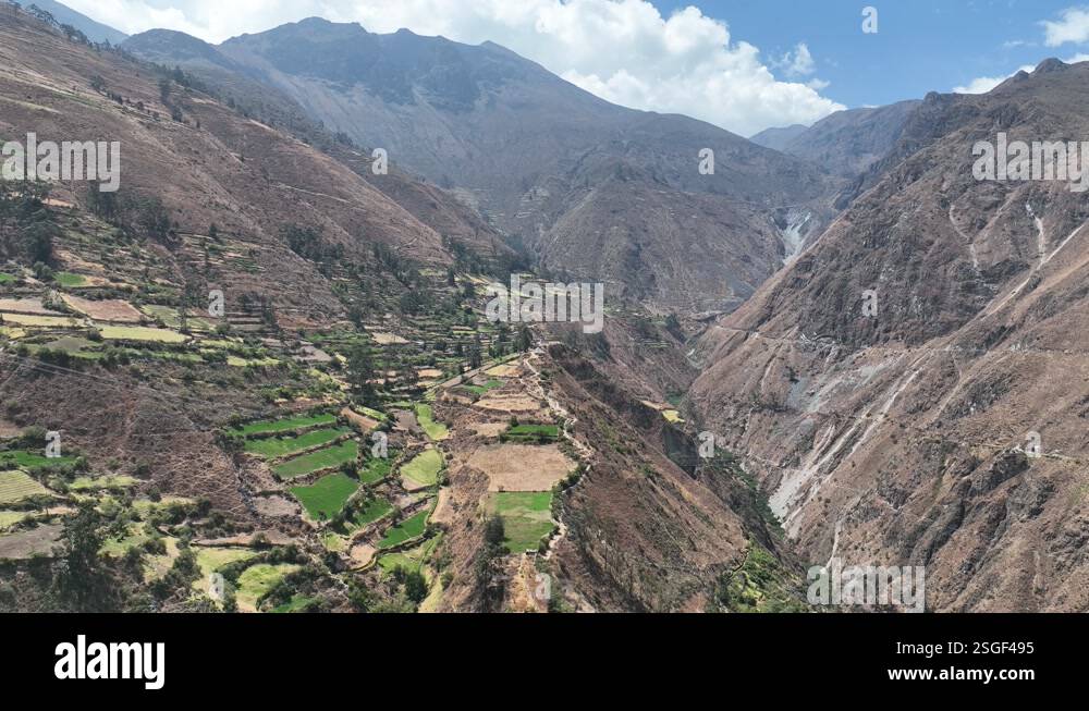Bird eye view aerial drone shot showing terrace farming in the Peruvian ...